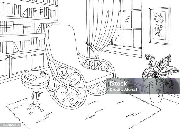 Vektor Ilustrasi Sketsa Interior Hitam Putih Grafis Ruang Perpustakaan