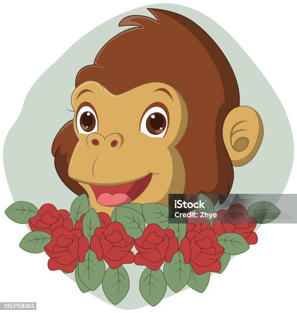 Kartun Kepala Gorila Lucu Dengan Bunga Ilustrasi Stok Unduh Gambar