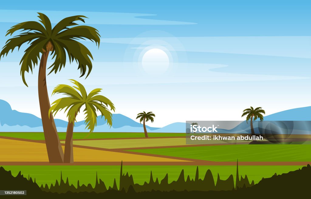 Ilustrasi Pemandangan Alam Pertanian Sawah Asia Yang Indah Ilustrasi