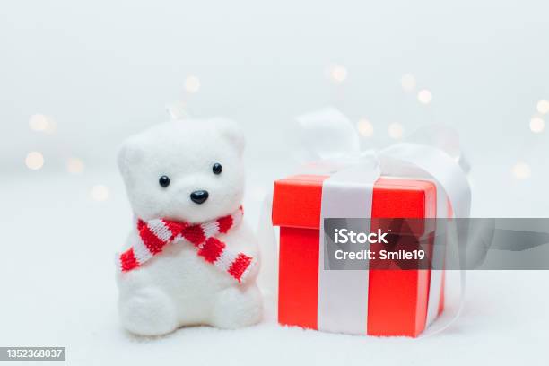 White Polar Bear Toy With Scarf And Red Present Box With White Ribbon