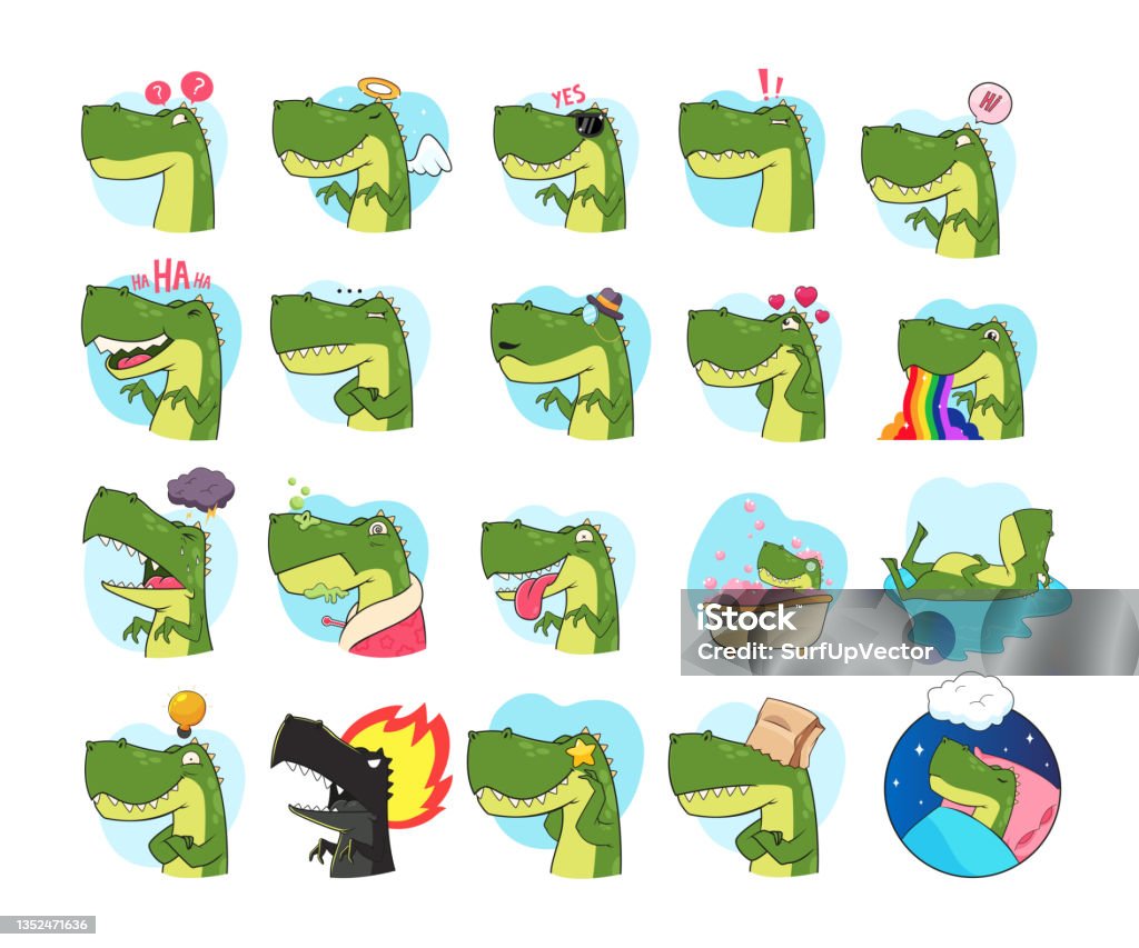Adorable Dinosaur Cartoon Character Sticker Set Stock Illustration