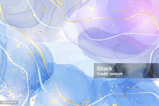 Fond Daquarelle Liquide Bleu Cyan Violet Avec Des Taches Dorées Effet