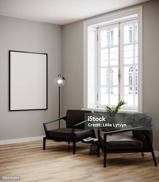 Bingkai Poster Mock Up Dengan Latar Belakang Interior Modern Ruang Tamu