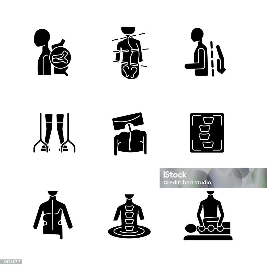 Skoliose Diagnose Und Behandlung Schwarze Glyphen Symbole Auf Weißen ... Skoliose Diagnose Und Behandlung Schwarze Glyphen Symbole Auf Weißen ...