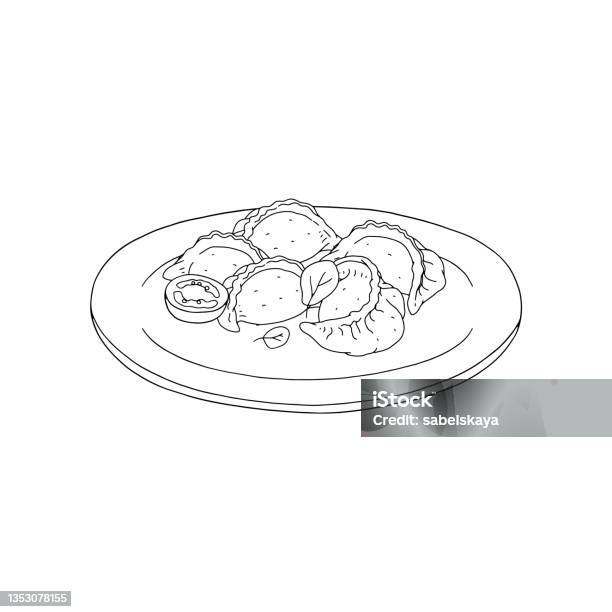 Ilustración De Albóndigas Gyoza En Placa Línea Negra Dibujada A Mano Ilustración Vectorial