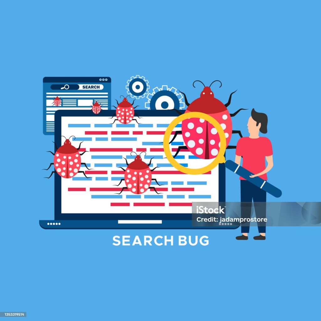 Programmer With Magnifier Looking For Defect In Programmed Software Application Bugs And Error
