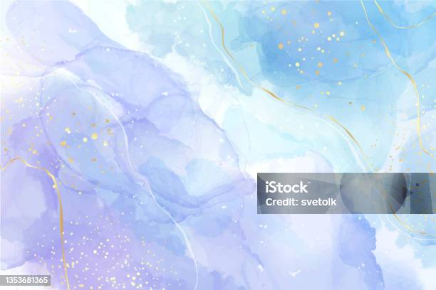 Fond Daquarelle Liquide Bleu Cyan Violet Avec Des Taches Dorées Effet