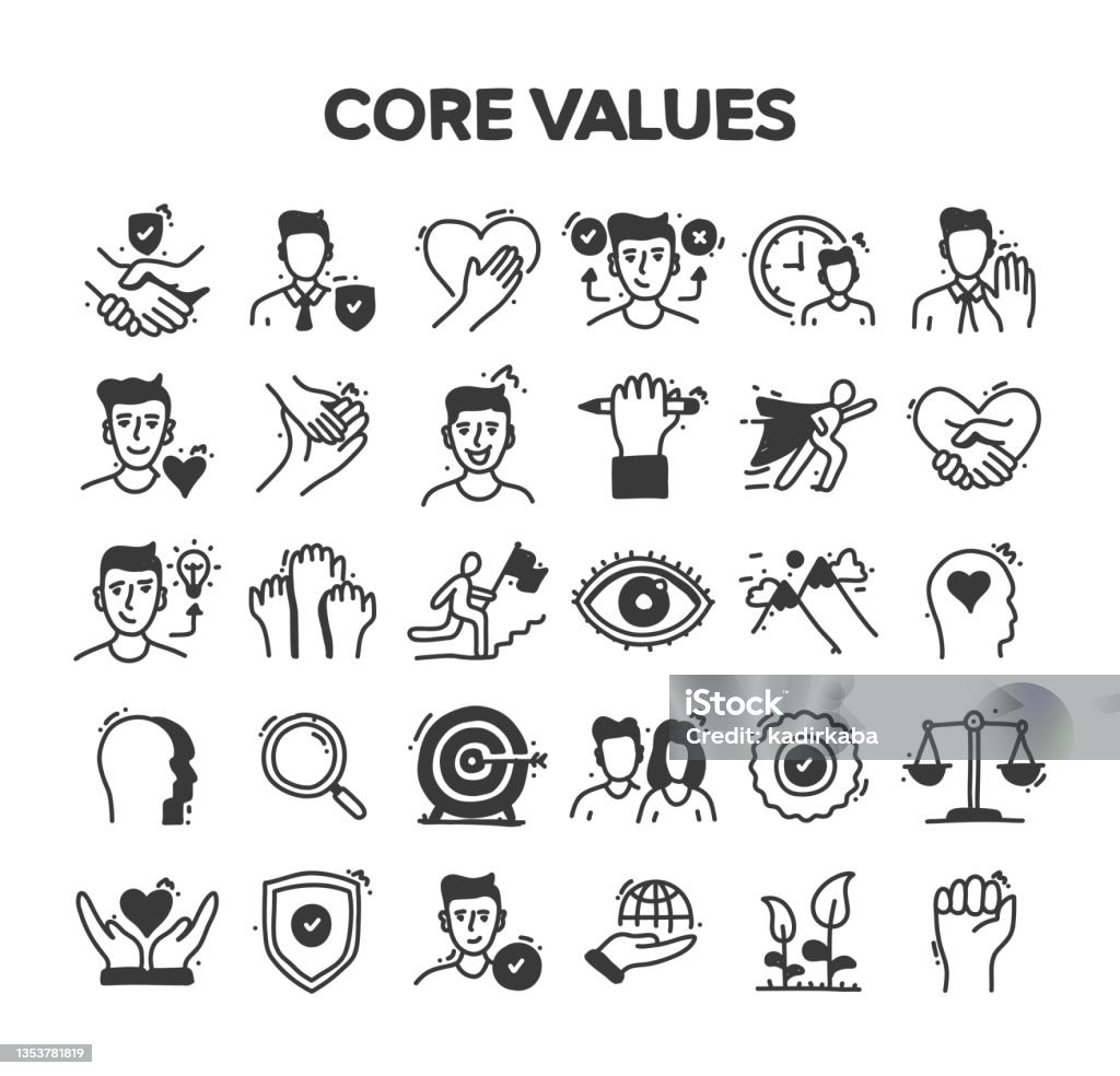 Core Values Related Hand Drawn Vector Doodle Icon Set Stock