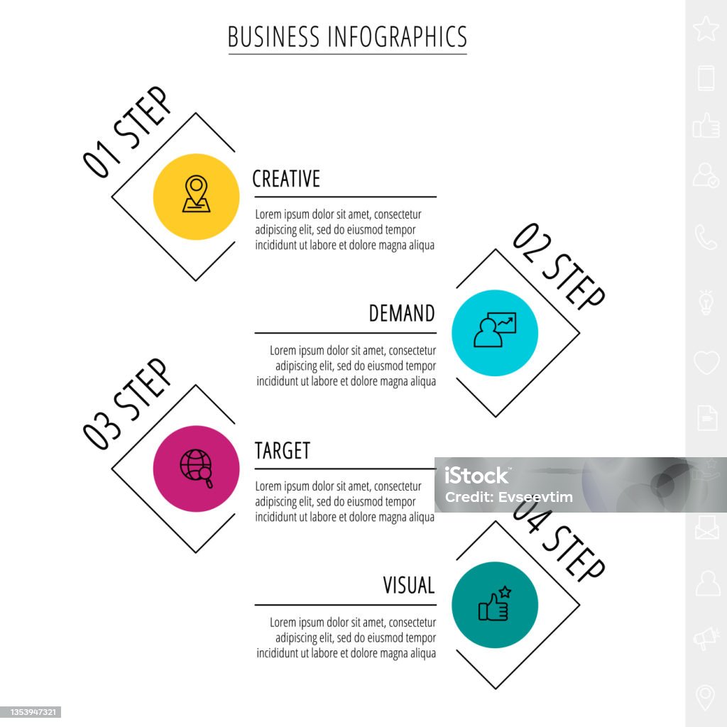 Dünne Linienvektorinfografiken Mit Vier Kreisen Und Beschriftungen ... Dünne Linienvektorinfografiken Mit Vier Kreisen Und Beschriftungen ...