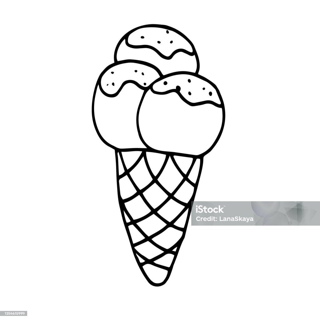 Three Scoops Of Ice Cream In A Waffle Cone Black And White Vector
