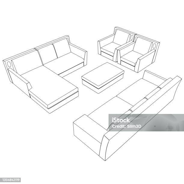 Kontur Sofa Kursi Dan Meja Dari Garis Hitam Terisolasi Pada Latar