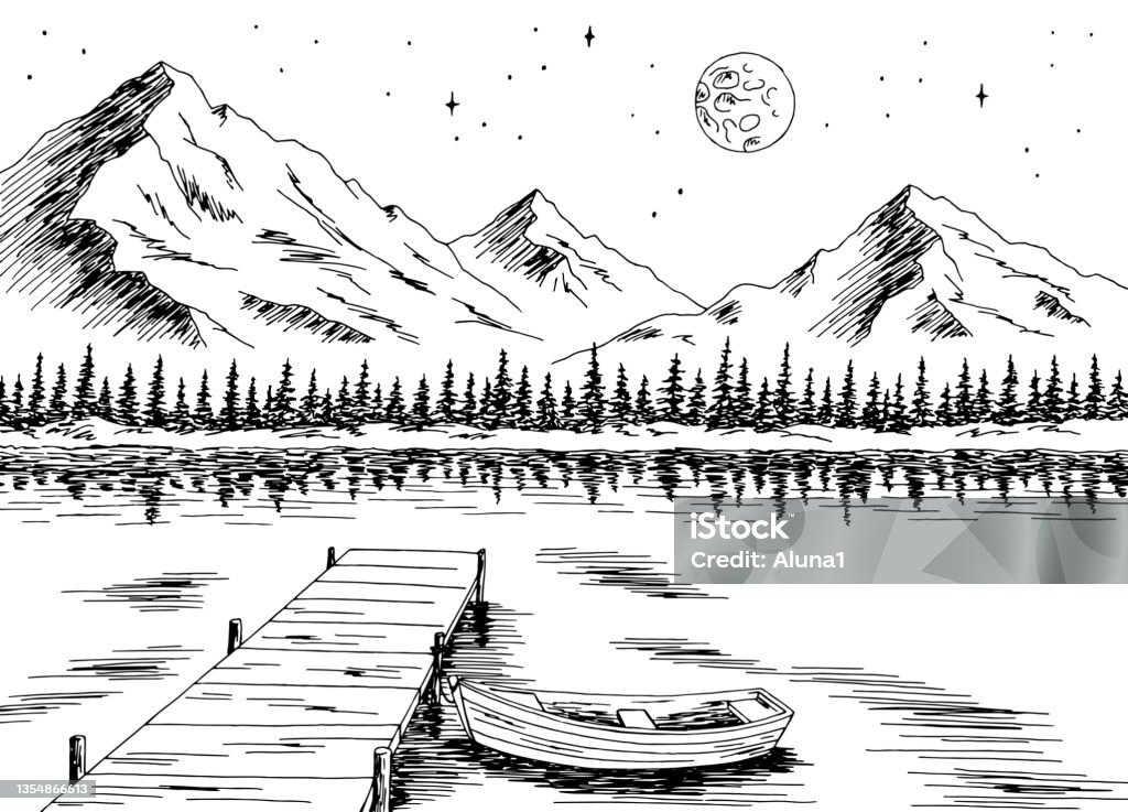Grafik Perahu Danau Hitam Putih Malam Ilustrasi Sketsa Lanskap Gunung ... Grafik Perahu Danau Hitam Putih Malam Ilustrasi Sketsa Lanskap Gunung ...