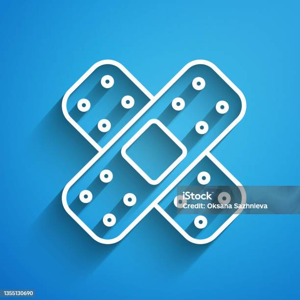 Ligne Blanche Icône En Plâtre De Bandage Croisé Isolée Sur Fond Bleu