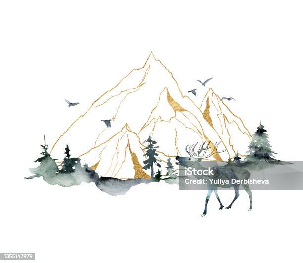 Watercolor Lanskap Minimalis Hutan Gunung Dan Rusa Tangan Dicat Abstrak