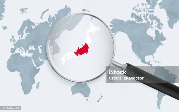 Asia Berpusat Pada Peta Dunia Dengan Kaca Yang Diperbesar Di Jepang ... Asia Berpusat Pada Peta Dunia Dengan Kaca Yang Diperbesar Di Jepang ...