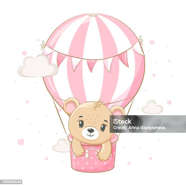 Seorang Gadis Boneka Beruang Yang Lucu Sedang Terbang Dengan Balon Ilustrasi Vektor Kartun