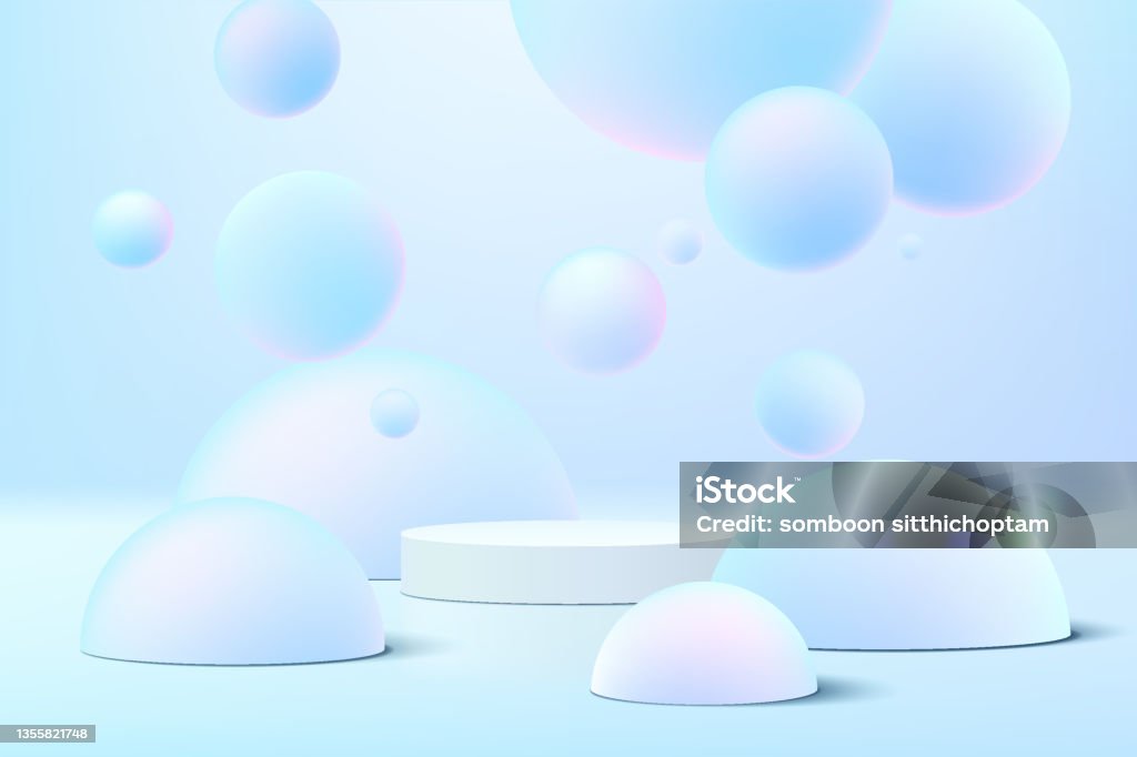 Podium Alas Silinder 3d Putih Realistis Dengan Bola Bola Hologram Biru