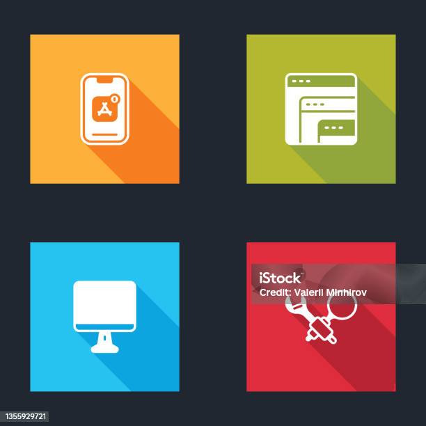 Set Mobile Apps Software Computer Monitor Screen And Debugging Icon Vector Stock Illustration