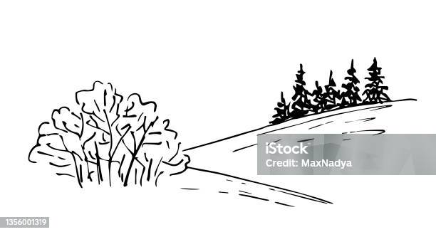 Dessin Vectoriel Simple Dessiné À La Main Dans Un Contour Noir Paysage