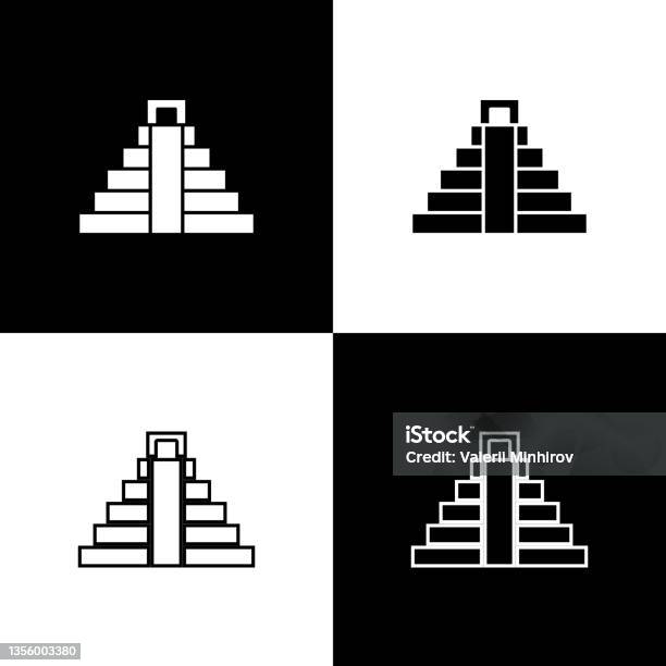 Placez Chichen Itza Dans Licône Maya Isolée Sur Fond Noir Et Blanc