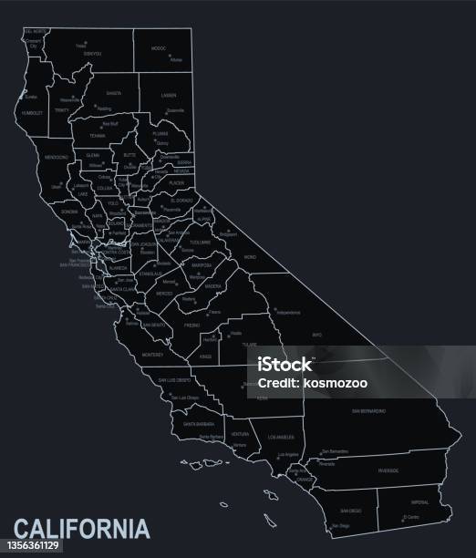 Carte Plate De Létat De Californie Avec Des Villes Sur Fond Noir