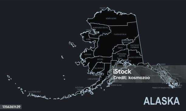 Carte Plate De Létat De Lalaska Avec Des Villes Sur Fond Noir Vecteurs