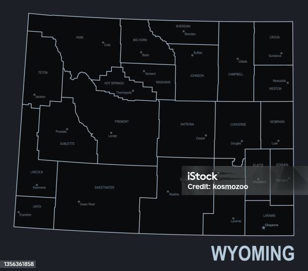 Carte Plate De Létat Du Wyoming Avec Des Villes Sur Fond Noir Vecteurs