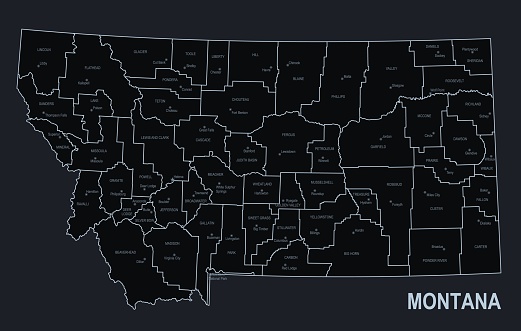 Carte Plate De Létat Du Montana Avec Des Villes Sur Fond Noir Vecteurs