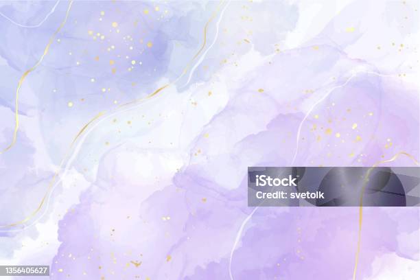 Fond Daquarelle Liquide Bleu Cyan Violet Avec Des Taches Dorées Effet
