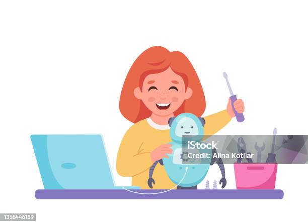 Gadis Kecil Membangun Robot Robotika Pemrograman Dan Teknik Untuk