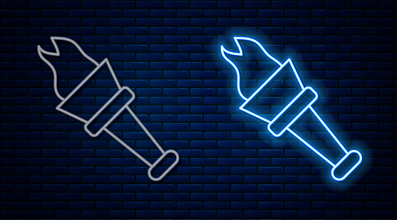 Glowing Neon Line Torch Flame Icon Isolated On Brick Wall Background