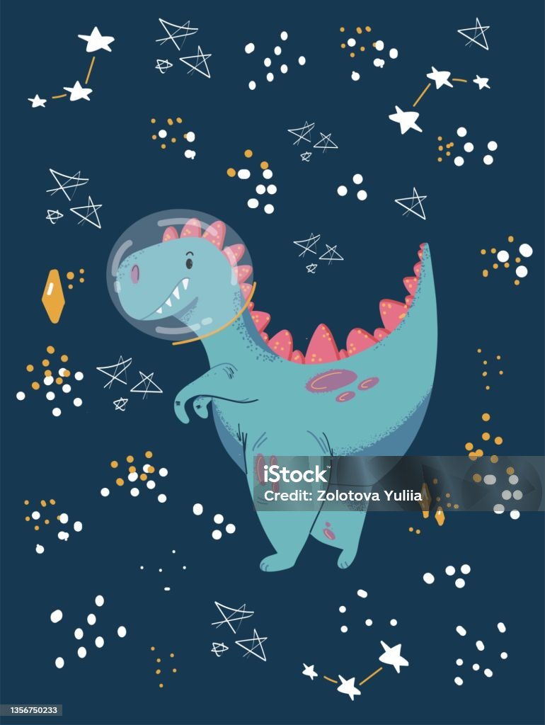 Kartun Lucu Cosmo Dinosaurus Kecil Ilustrasi Vektor Langit Malam Dino