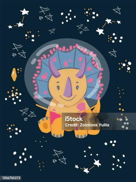 Kartun Lucu Cosmo Dinosaurus Kecil Ilustrasi Vektor Langit Malam Dino