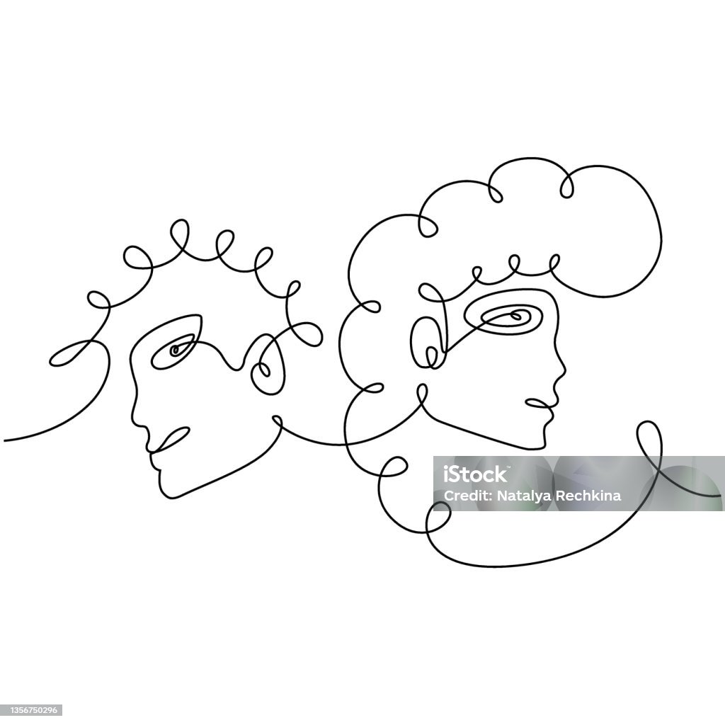 Abstract Man And Woman By One Line Vector Drawing Portrait Minimalistic