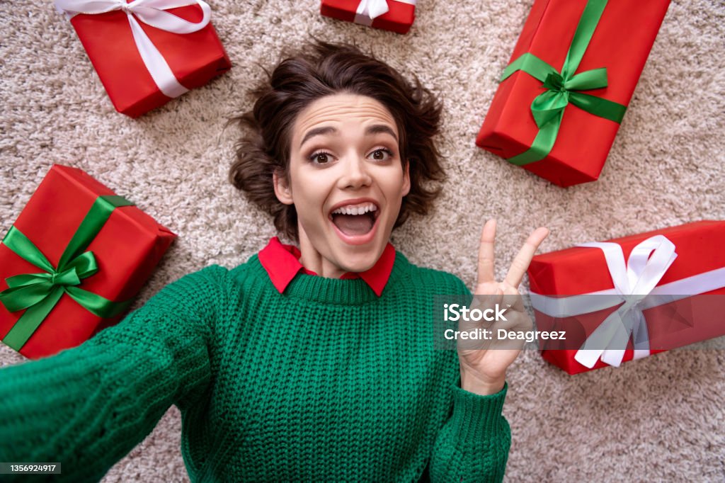 High Angle Top View Photo Of Cool Millennial Brunette Lady Do Selfie