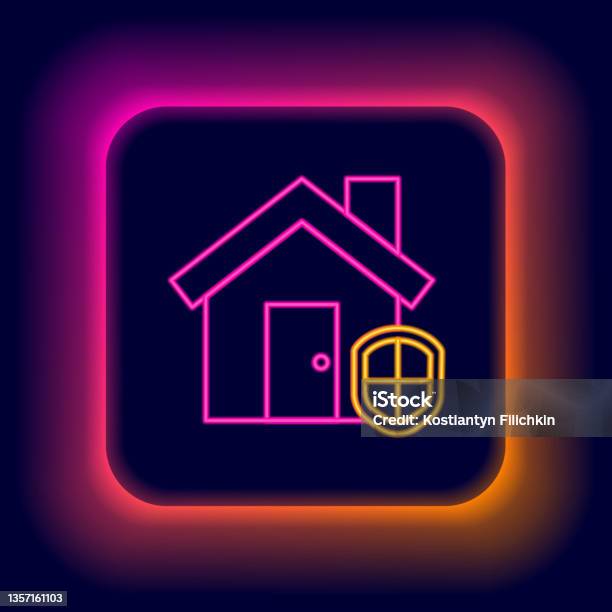 Ligne Néon Brillante Maison Sous Icône De Protection Isolée Sur Fond