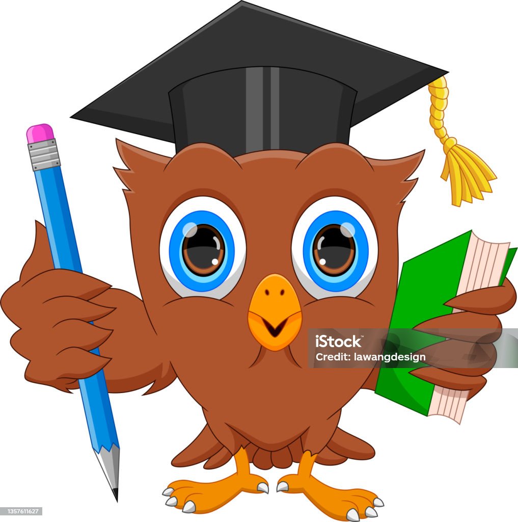 Burung Hantu Kartun Memegang Buku Dan Pensil Ilustrasi Stok Unduh