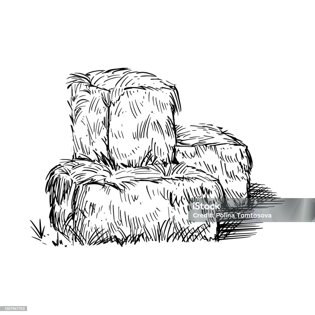 Ilustración De Boceto De Dibujo De La Granja De Pacas De Heno Dibujado