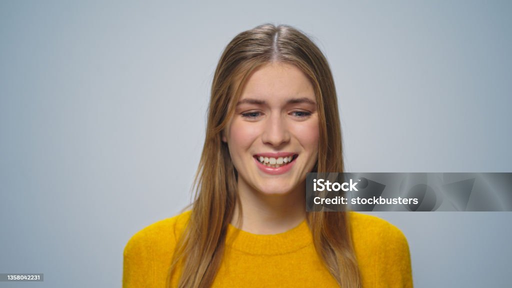Portrait Of Stressed Attractive Woman Waving Head No On Grey Background