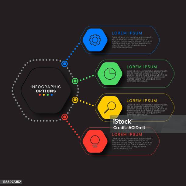 Template Infografis Dengan Empat Elemen Heksagonal Pada Latar Belakang