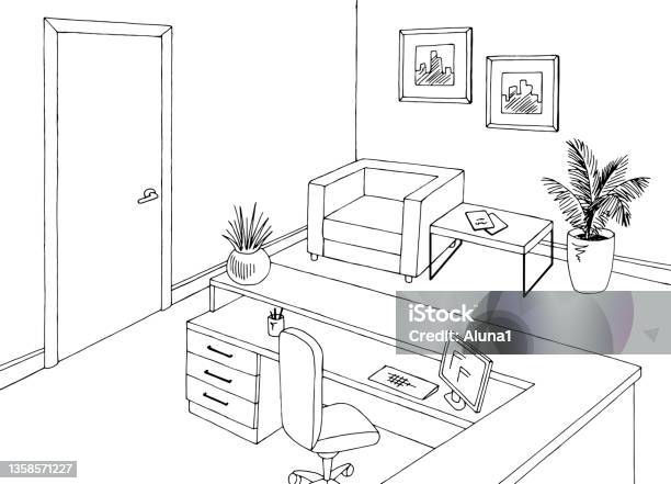Ruang Kantor Grafis Penerimaan Vektor Ilustrasi Sketsa Interior Putih