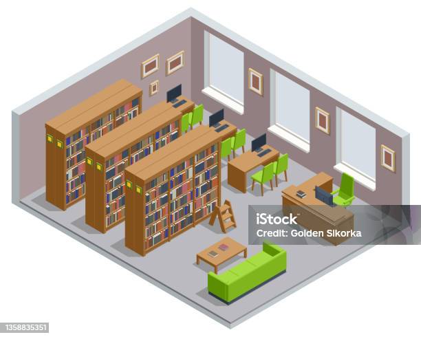 Rak Buku Isometrik Di Perpustakaan Bukubuku Di Perpustakaan Umum Konsep