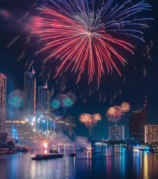 220 Fireworks Countdown Happy New Year Bangkok Asia Thailand Stock