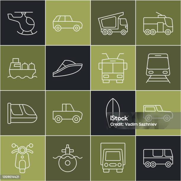 Set Line Bus Car Train And Railway Delivery Cargo Truck Speedboat Oil