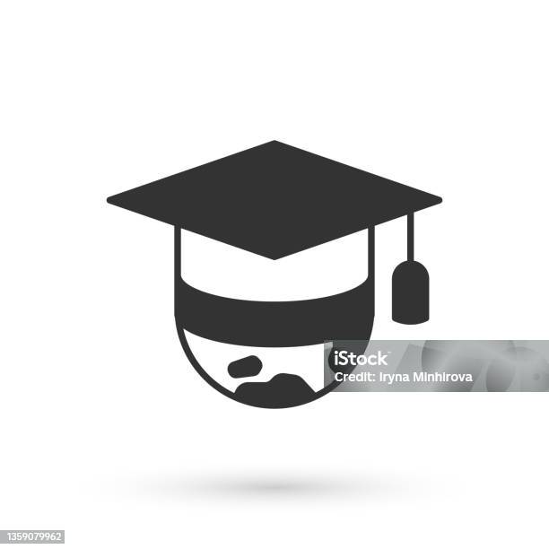 Casquette De Graduation Grise Sur Icône De Globe Isolée Sur Fond Blanc