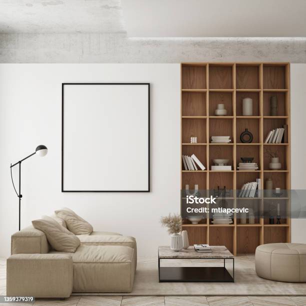 Bingkai Poster Mock Up Dengan Latar Belakang Interior Modern Ruang Tamu