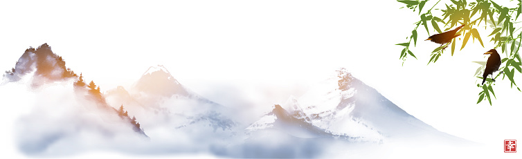 Peinture À Lencre Avec Des Montagnes Brumeuses Bleues Et Des Oiseaux