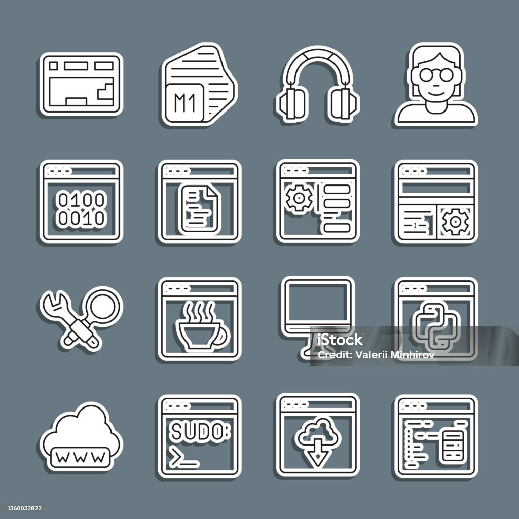 Set Line Software Python Programming Language Debugging Headphones Binary Code Keyboard And