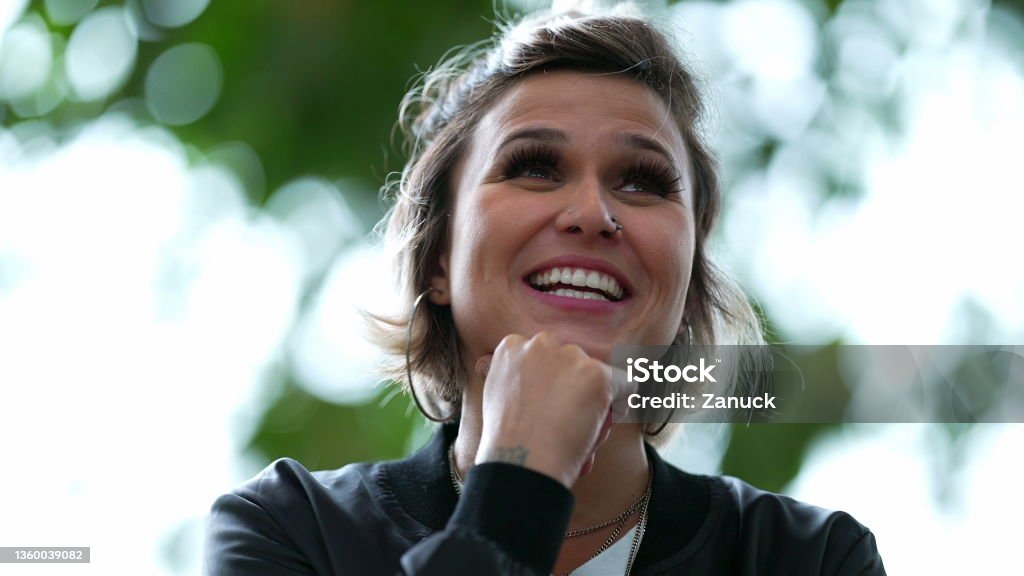 Woman Spontaneous Real Life Laugh And Smile Outside Person Bursts Laugh