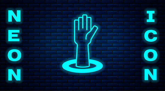 Glowing Neon Helping Hand Icon Isolated On Brick Wall Background Vector